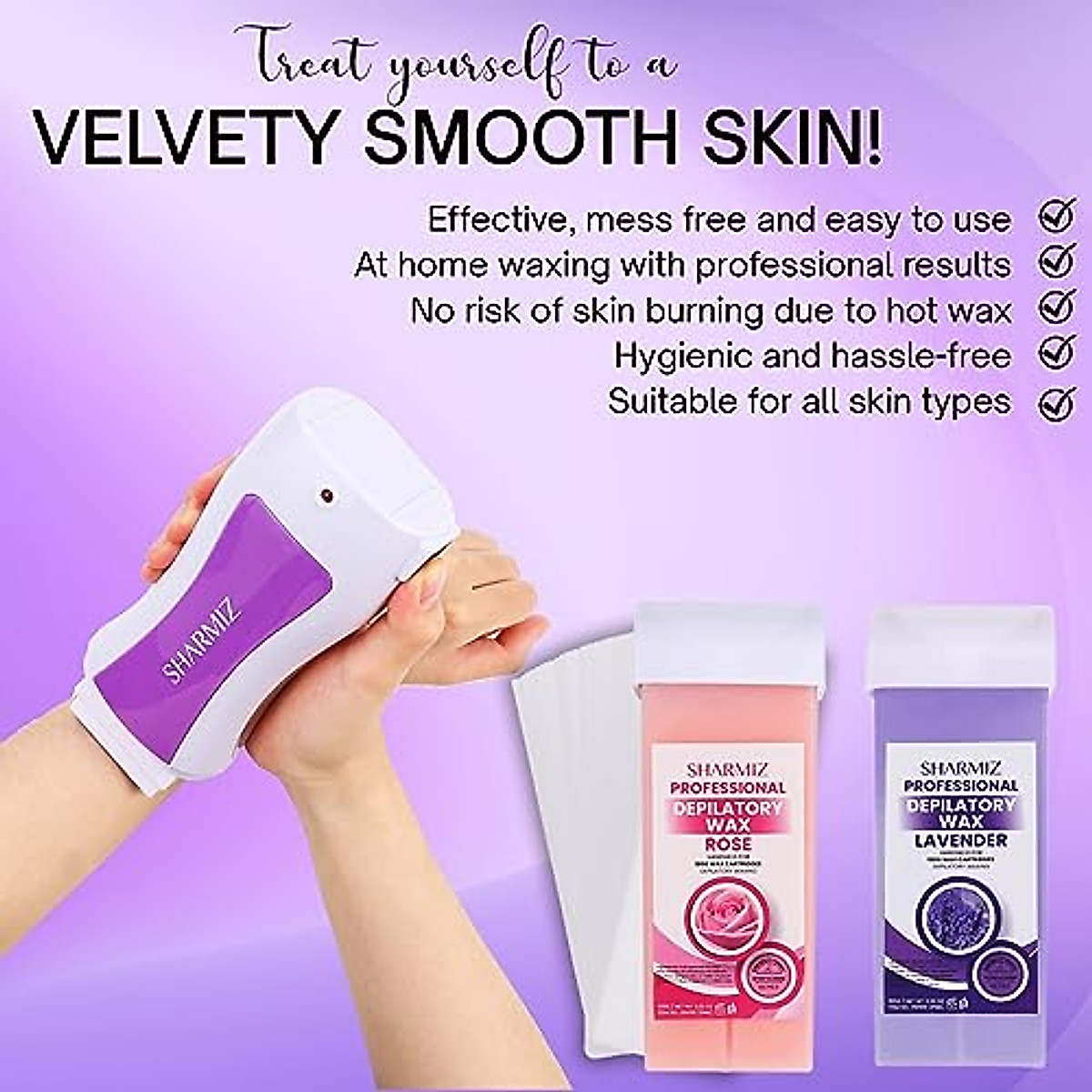 Roll on Wax Kit, Roll on Wax for Sensitive Skin, Wax Roller Kit for Hair Removal, Roll on Wax Kit for Hair Removal, Waxing Kit Include 2 Soft Wax Cartridge & 100 Non-Woven Wax Strips, Portable Wax Heater Machine