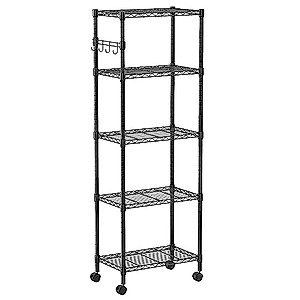 Homdox 5 Tier Wire Shelving Unit on Wheels, Adjustable Storage Racks and Shelving, Heavy Duty Rolling Metal Shelves with Side Hooks for Laundry Bathroom Kitchen Garage Pantry Organization, Black