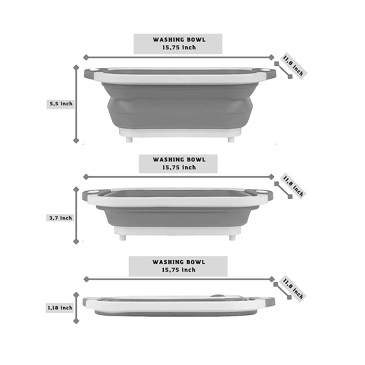 Collapsible Cutting Board with Wash Basin and Drainage Hole; BBQ Prep Tub and Camping Cutting Board; Space-Saving Collapsible Camping Dish Tub Sink RV and Camper Kitchen Must Have Accessory Grey