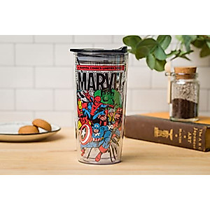 Silver Buffalo Retro Marvel Comics Avengers Double Wall Travel Tumbler with Slide Close Lid Spider-Man, Captain America, Thor, Hulk, and Iron Man, 20 Ounces