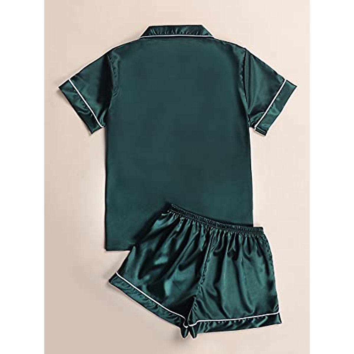 DIDK Women's Sleepwear Satin Short Sleeve Button Front 2 Piece Pajama Set Dark Green L