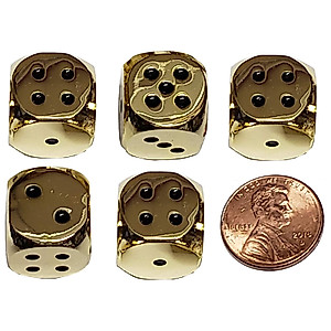 Cyber-Deals Set of (5) Solid Zinc Alloy Metal Polished Finish 16mm Dice, Rounded Corners with Black Velvet Cloth Pouch (Gold with Black Dots)