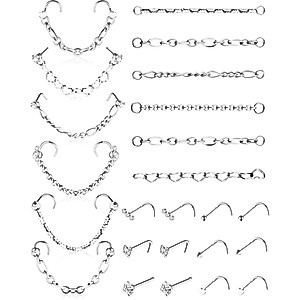 MTLEE Nose Ring Nose Chain Piercing Across Double Nose Stud Chain Jewelry CZ Heart Ball l Shaped Stainless Steel Nose Piercing Stud Nostril Jewelry for Women Men(Silver,1.5 Inch)