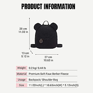 Kaupuar Fashion Fleece Sherpa Kawaii Backpack Fluffy Backpack Fuzzy School Bag Teen Girls Plush Bear Backpack (Black)