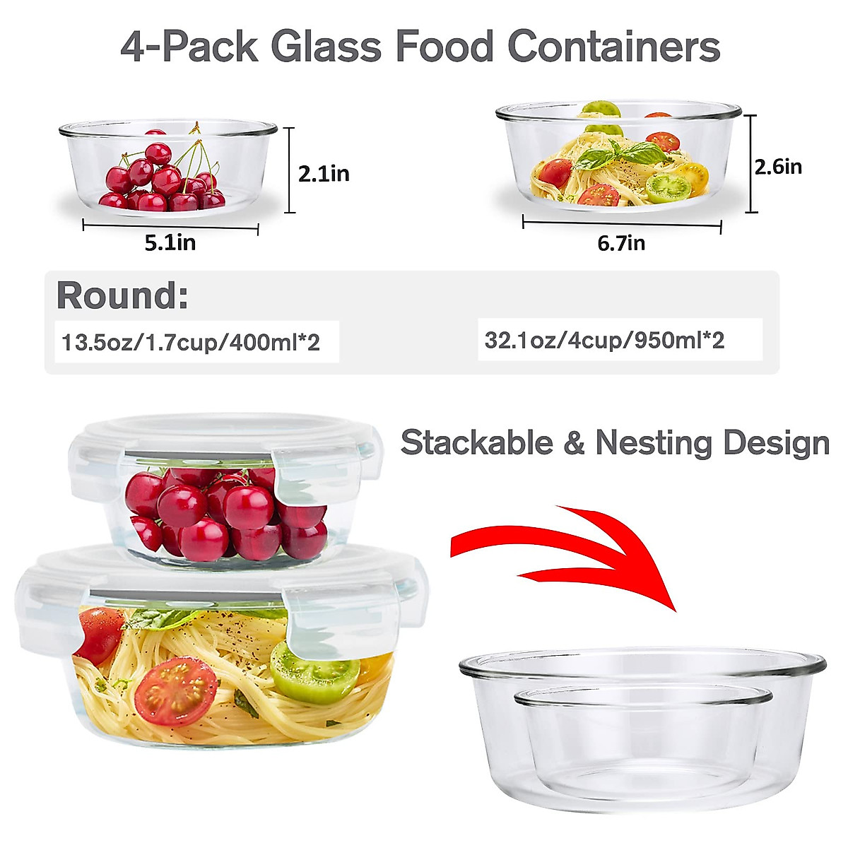 salato Glass Storage Containers with Lids 8 Piece, 100% Leak Proof & BPA Free Glass Containers with Lids, 4 Set Nesting Round Glass Food Storage Containers Safe for Freezer/Oven/Microwave, Grey