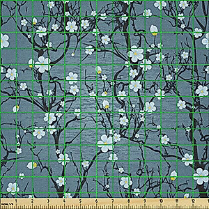 Lunarable Floral Fabric by The Yard, Sakura Tree Branches Pale Japanese Cherry Blossom Spring Form, Microfiber Fabric for Arts and Crafts Textiles & Decor, 1 Yard, Sea Blue