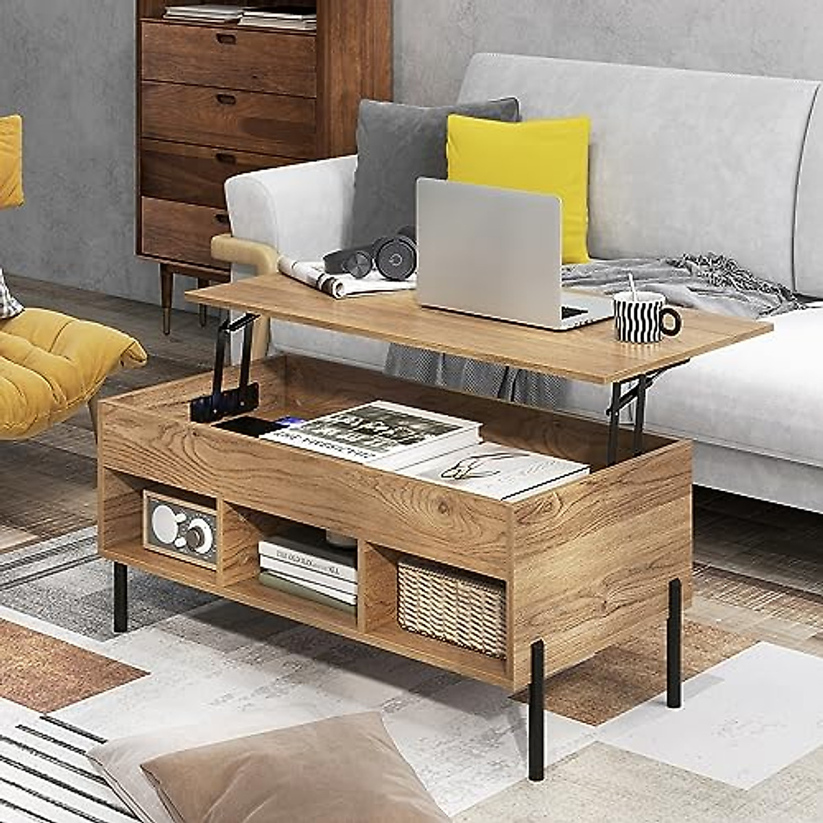 Tangkula Lift Top Coffee Table with Metal Legs, Rising Center Table w/Hidden Compartment & 3 Open Cubbies, Multifunctional Wood Dining Working Table for Living Room Reception Room (Natural)