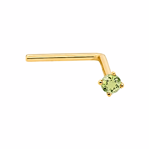 22G Solid 14Kt Gold L-Shape Nose Stud with real Peridot Gemstone, 14kt Yellow Gold or 14kt White Gold Prong Setting - August Birthstone Nose Ring-LSYG_PD-1.5MM