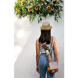 Reusable Grocery Net Bags, Cotton Mesh Tote, Farmer's Market Bags for Fruits and Vegetables, String Shopping Organizer, Storage Bag with Long Handles, 2 Packs (Beige, Gray)