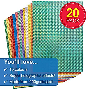 Baker Ross Holographic Card Pack - Pack of 20, Metallic Card, Craft Supplies for Kids, Ideal for Craft Activities and Decoration Making (FE813)