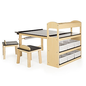 Guidecraft Deluxe Art Center: Drawing and Painting Table for Kids, W/ Two Stools, Craft Supplies Storage Shelves, Canvas Bins, Paper Roll – Preschool Toddler Wooden Learning Furniture