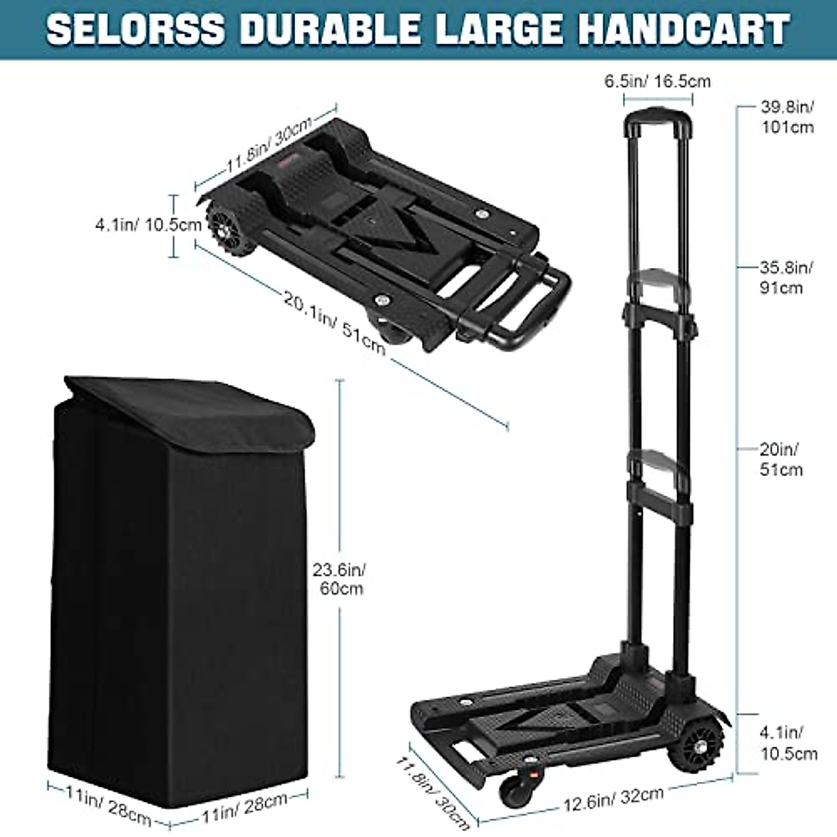 SELORSS 2-in-1 Foldable Hand Truck Utility Cart, Portable Grocery Shopping Cart with Wheels and Removable Waterproof Bag, Collapsible Lightweight Large Capacity for Supermarket, Laundry, Camping
