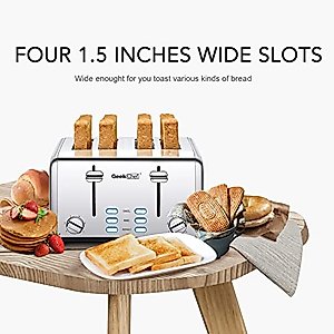 Geek Chef 4 Slice toaster, Best Rated Prime Retro Bagel Toaster with 6 Bread Shade Settings, 4 Extra Wide Slots, Defrost/Bagel/Cancel Function, Removable Crumb Tray, Stainless Steel Toaster (4 slice stainless steel （classic）)
