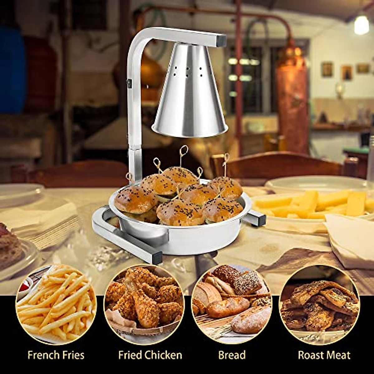Restlrious Food Heat Lamp Freestanding Commercial Portable Food Warmer, Stainless Steel 120V Electric Food Heat Lamp with Red & Clear Bulbs and 1 Round Food Pan for Food Service, Fan-Shaped Lampshade