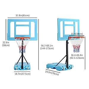 Soozier Poolside Basketball Hoop Stand, 36.5"-48.5" Height Adjustable Portable Hoop System w/Clear Backboard & Fillable Base for Whole Family, Blue