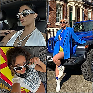 JASPIN Y2K Wrap Around Sunglasses for Women Men Sliver Oval Fashion Trendy Sport Shades UV400 Eyeglasses