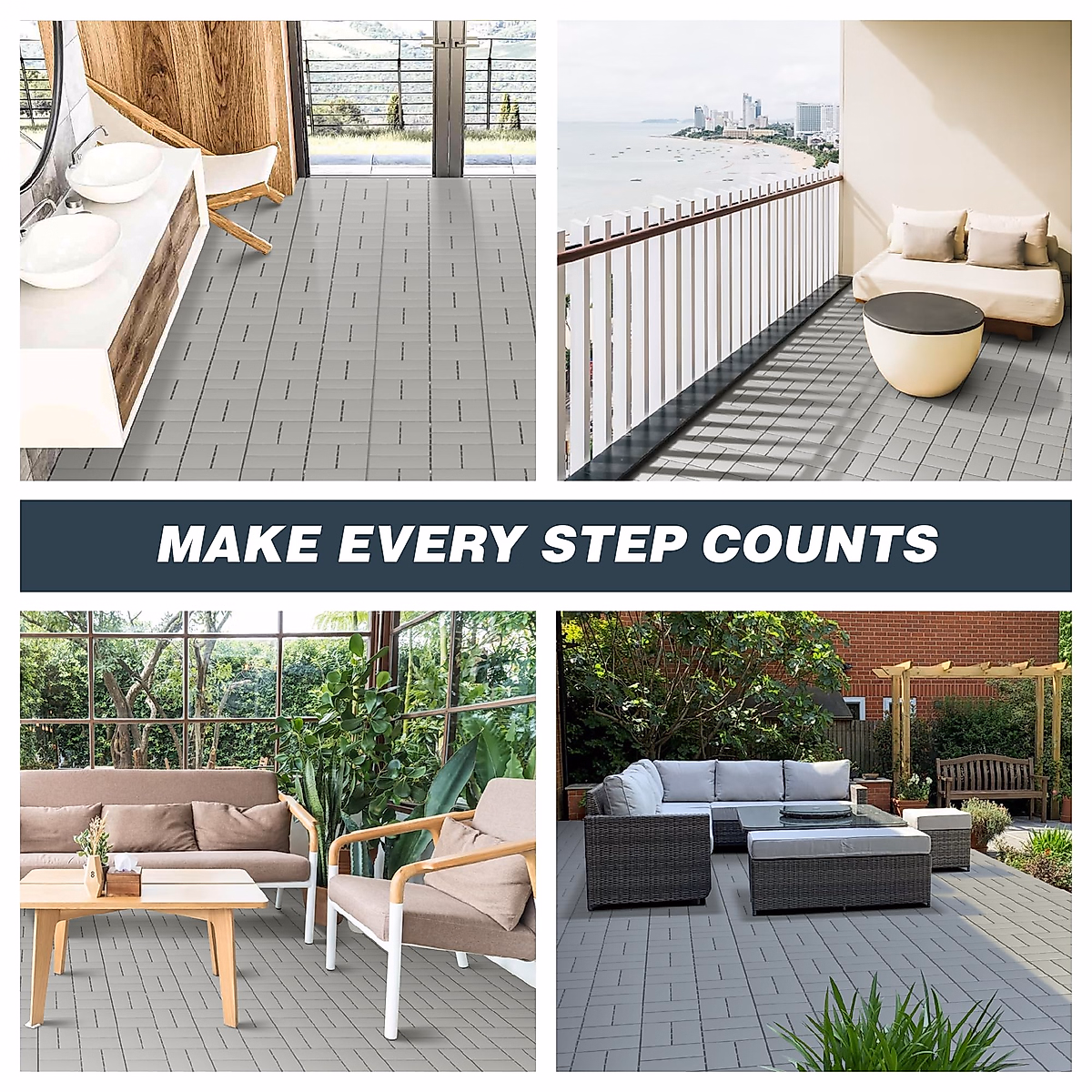 ohlela 9 Pack Heavy-Duty Plastic Interlocking Deck Tiles - 12"x12" Waterproof & Durable Interlocking Floor Tiles. Patio Floor Tiles for Balcony Flooring, Porch & Poolside Outdoor Flooring (Light Gray)