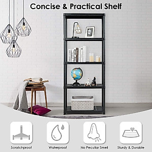 LDAILY 5 Tier Plastic Storage Shelves, Easy to Assemble Garage Rack, Multi-Use Free Standing Shelf Unit, Heavy Duty Shelving for Home Office, Black (1, 33.5“L X 16”W X 73“H)