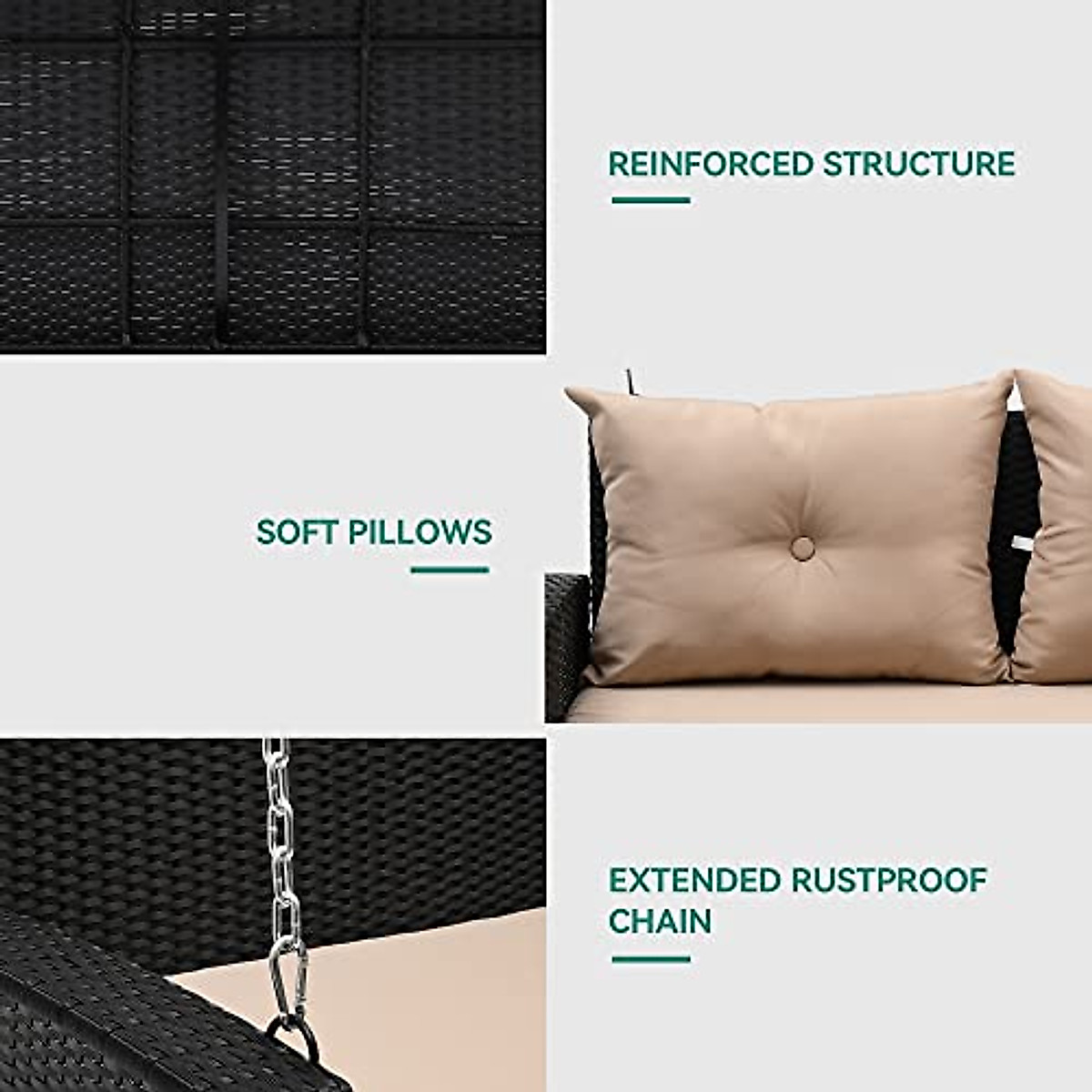 YITAHOME 2-Seats Wicker Hanging Porch Swing Chair Outdoor Black Rattan Patio Swing Lounge w/ 2 Back Cushions Capacity 530lbs for Garden, Balcony, Living Room, Beige