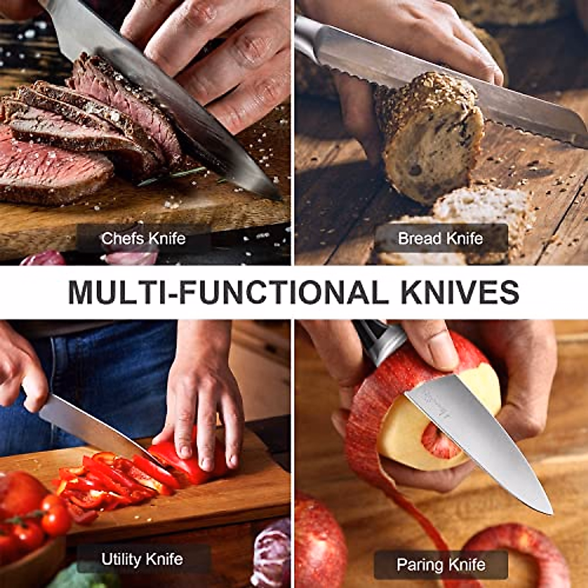 Harriet Knife Set - 7 Pieces Kitchen Knife Set with Cutting Board & Sharpener, High-Carbon Stainless Steel Knife Block Set, Chef Knife Set with Acacia Wood Knife Block