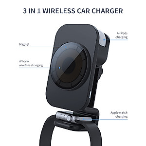 MAKAQI 3 in 1 Magnetic Wireless Car Charger, Car Charger Mount for iPhone/Apple Watch/Airpods, Car Phone Holder Only Support with iPhone15/14/13/12 Pro Max, Apple Watch SE 7/6/5/4/3/2, AirPods (Black)