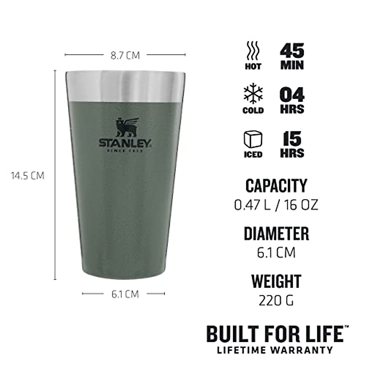 STANLEY Adventure Stacking Beer Pint 0.47L - Travel Mug Keeps Beer Cold For 4 Hours - Stainless Steel Beer Mug - Stacks Infinitely - Double Wall Vacuum Insulation - Dishwasher Safe - Hammertone Green