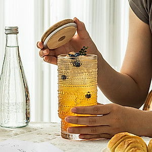 Romantic Highball Drinking Glasses Set of 4, Beaded Glassware, 16oz XL Hobnail Glassware, Vintage Glassware Set, Embossed Vintage Drinking Glasses for Beer, Cocktail, Soda, Beverage (16oz with lid)