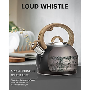 Hauce Radio Tea Kettle Stovetop, Black Tea Kettles-2.1 Quart Loud Whistle Stovetop Teapot,Food Grade Stainless Steel with Wood Pattern Handle, Unique Button Control Kettle Outlet for Tea, Coffee