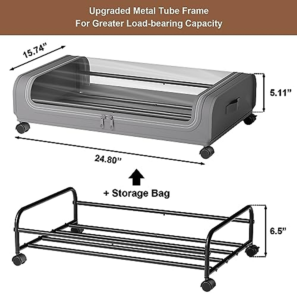Jewem Under Bed Storage with Wheels, Under Bed Storage Containers, 2 Pack UnderBed Storage, 6.5 inch High Rolling Under Bed Shoe Storage with Lid, Small Space Organization and Storage for Clothes
