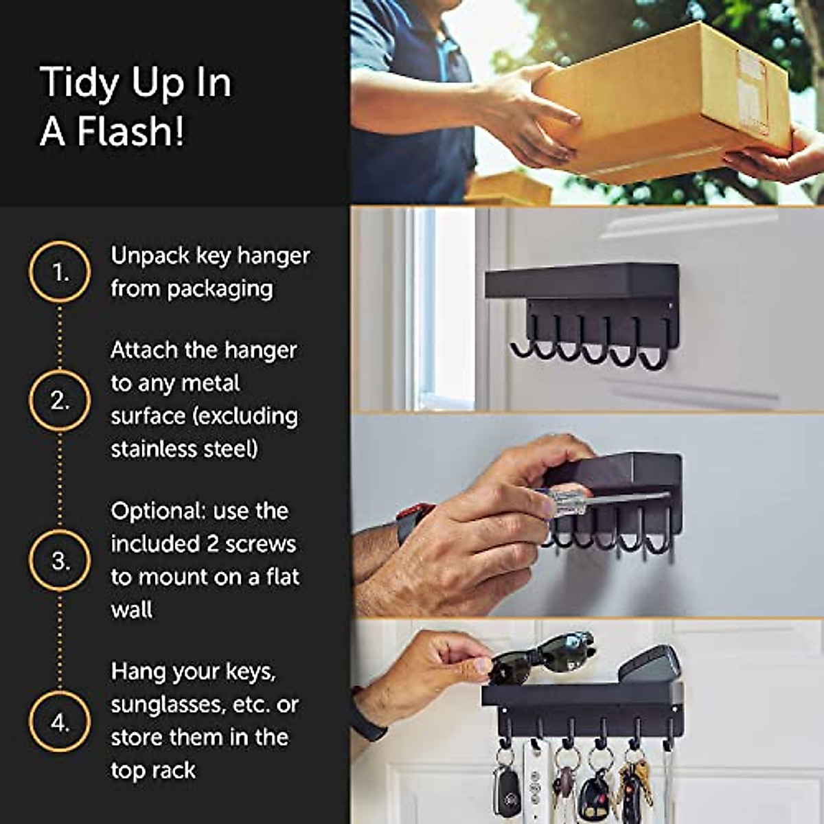 NM E-Store - Magnetic Key Holder w/ 6 Key Hooks, Key Holder for Wall w/Built-in Extra-Deep Tray, Multifunctional Key Hooks for Wall Mounting, Modern Key Rack Organizer, Black