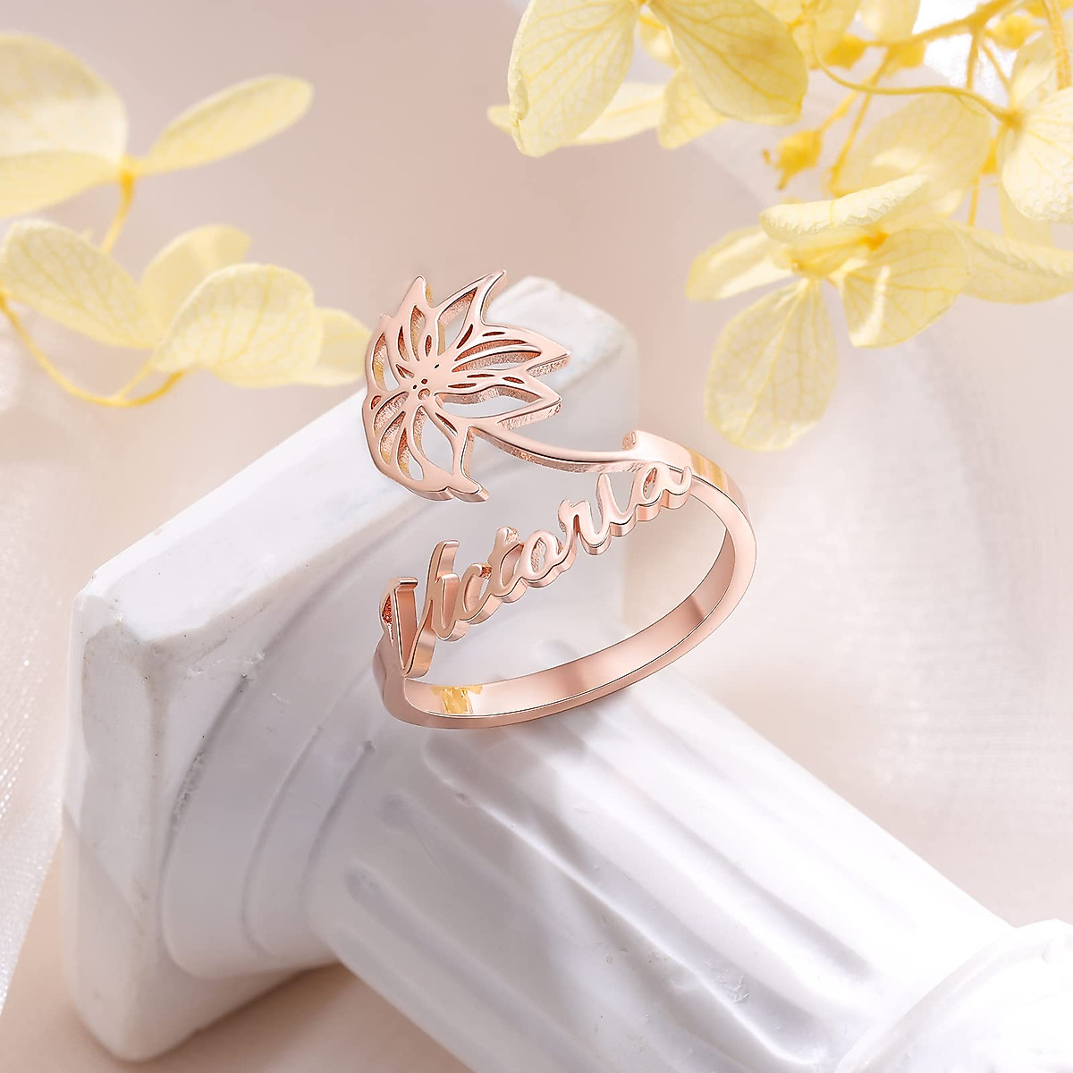 Personalized Name Ring for Women, Custom Adjustable Birth Flower Ring with Names Promise Birth Flower Ring for Her Gift for Women BFF (Rose Gold)