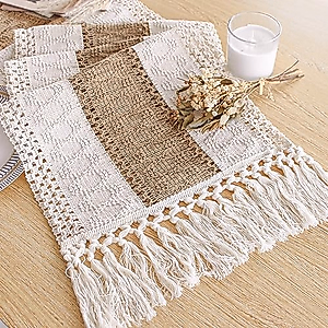 FEXIA Boho Table Runner for Home Decor 72 Inches Long Farmhouse Rustic Table Runner Cream & Brown Macrame Table Runner with Tassels for Boho Dining Bedroom Decor Rustic Bridal Shower (12x72 Inches)