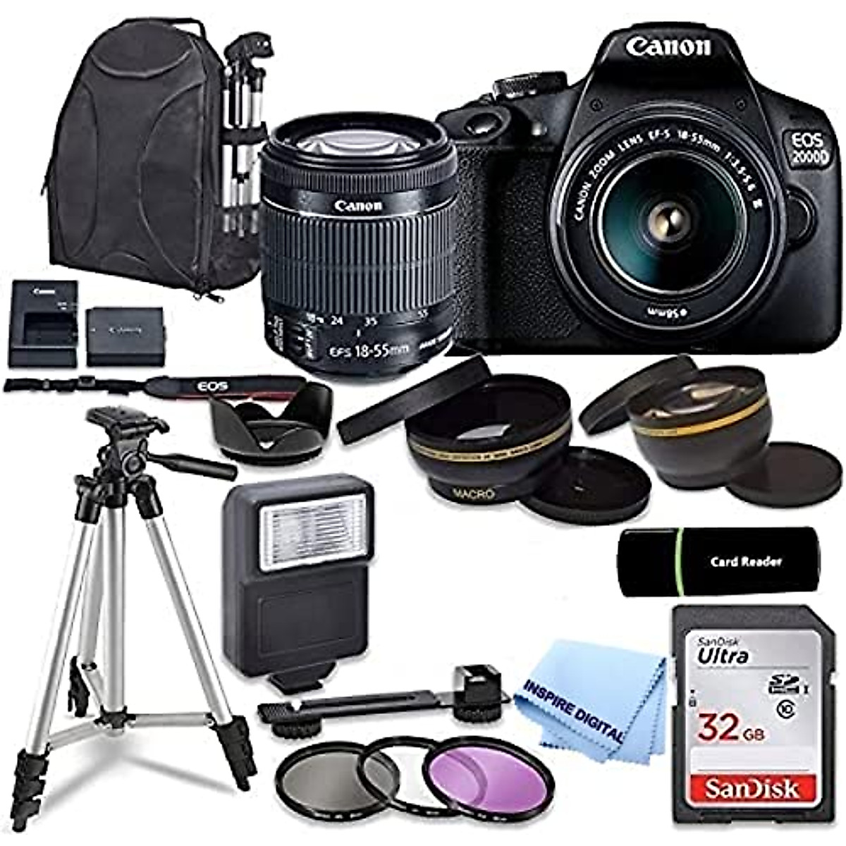 Canon Intl. Canon EOS 2000D / Rebel T7 DSLR Camera with EF-S 18-55mm Zoom Lens + SanDisk 32GB Memory Card + Tripod + Case + Wideangle Lenses + Inspire Digital Cloth (20pc Bundle), Black, (Renewed)