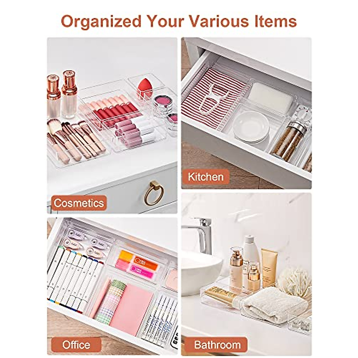 SMARTAKE 13-Piece Drawer Organizer with Non-Slip Silicone Pads, 5-Size Desk Drawer Organizer Trays Storage Tray for Makeup, Jewelries, Utensils in Bedroom Dresser, Office and Kitchen, Clear