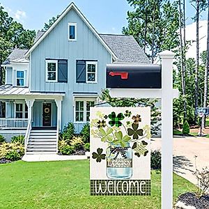 St Patricks Day Garden Flag 12x18 Inch Double Sided Burlap, Welcome Lucky Shamrocks Sign Seasonal Yard Outdoor Decorations DF186