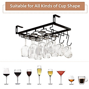 BUDO Wine Glass Rack Under Cabinet, 4 Rows Nail Free Wine Glass Holder Under Shelf, Adjustable Stemware Storage Drying Hanger Organizer for Kitchen Cabinet Bar (Black)