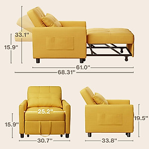 Noelse 3 in 1 Sofa Bed, Convertible Chair Bed Sleeper Chair, Pull Out Sleeper Sofa Bed Sofa Chair, with Adjustable Backrest Pillow Modern Linen Fabric for Living Room Apartment (Yellow£©