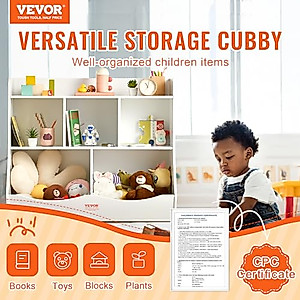 VEVOR Wood Kid Toy Storage Organizer with Bookshelf, 35" W Storage Cubby, Larger 5-Cubby Wood Toy Storage Cabinet, Children Book Toy Shelf for Kids Room, Playroom, Kindergarten, Nursery, White
