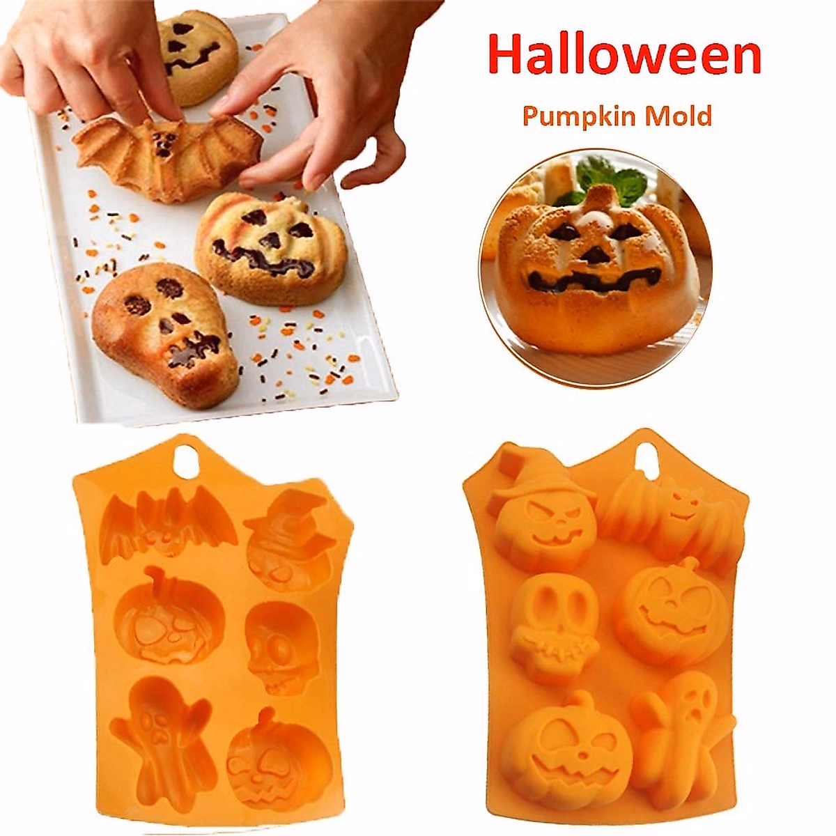 3 PCS Silicone Halloween Ghost Pumpkin Baking Mold Set Non-Stick Chocolate Jelly Fondant Cake Baking mold for Party Gift Handmade Soap Molds with Shape of Skull Bat Ghost