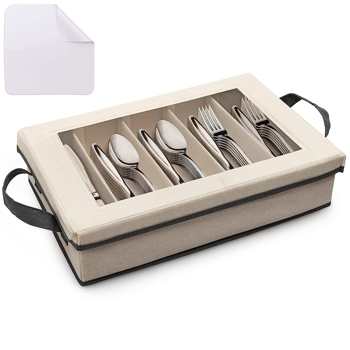 NUNEZRO Silverware Storage Case - Sterling Silver Flatware Organizer Box with Adjustable Dividers and Removable Lid - Complete with Microfiber Cloth - Silverware Storage Boxes for 12