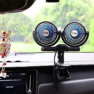 TN TONNY Dual Head Clip Fan, 12V/110V 4 Inches Electric Clip on Fan, 360° Rotatable Adjustable Cooling Air Fan with Stepless Speed Regulation and Brushless Motor for Vehicle or Home