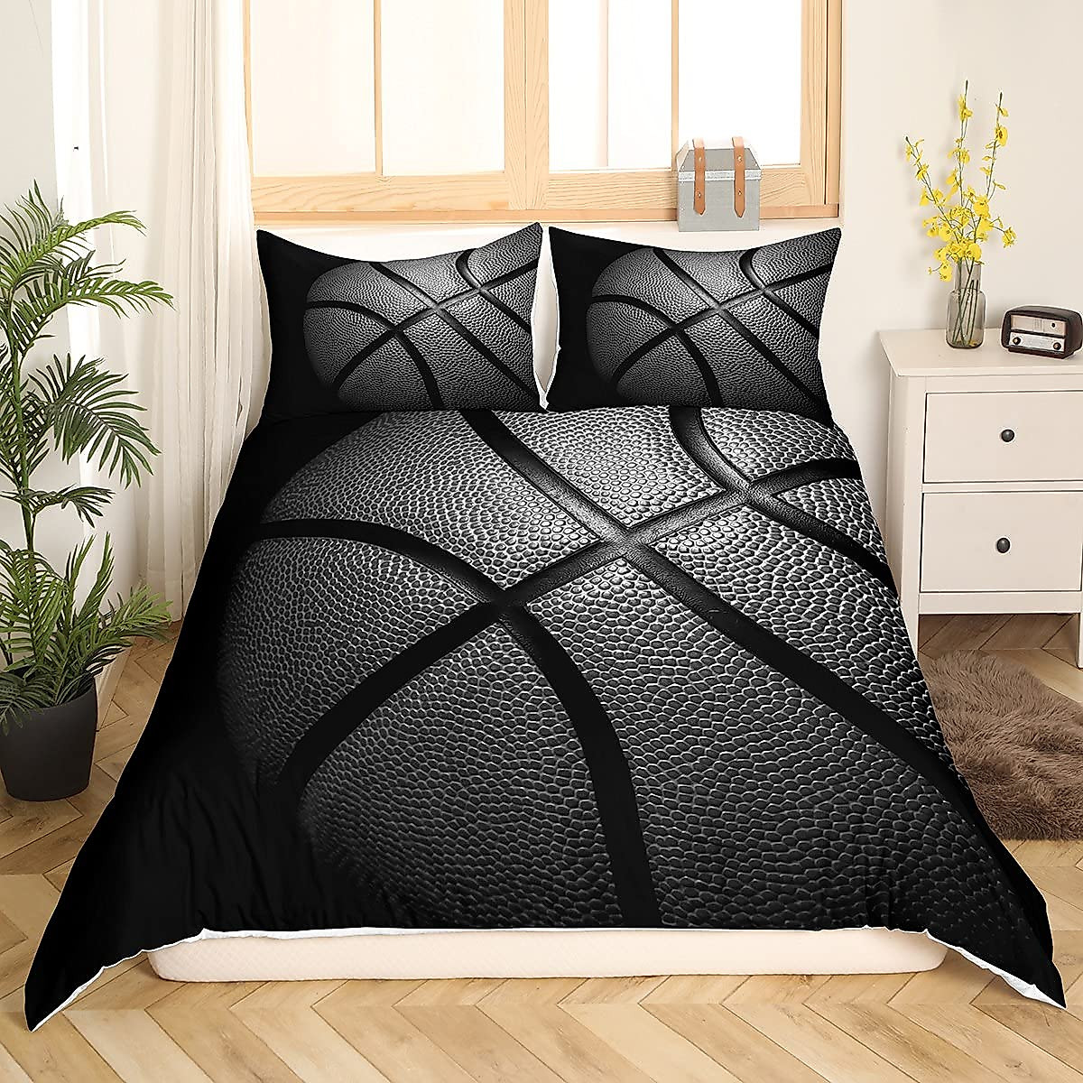 Castle Fairy Basketball Lover Bedding Sets Queen Size for Boys Men,Ball Sports Gaming Duvet Cover Ultra Soft Black Comforter Cover Sets,Teenager Birthday Gift
