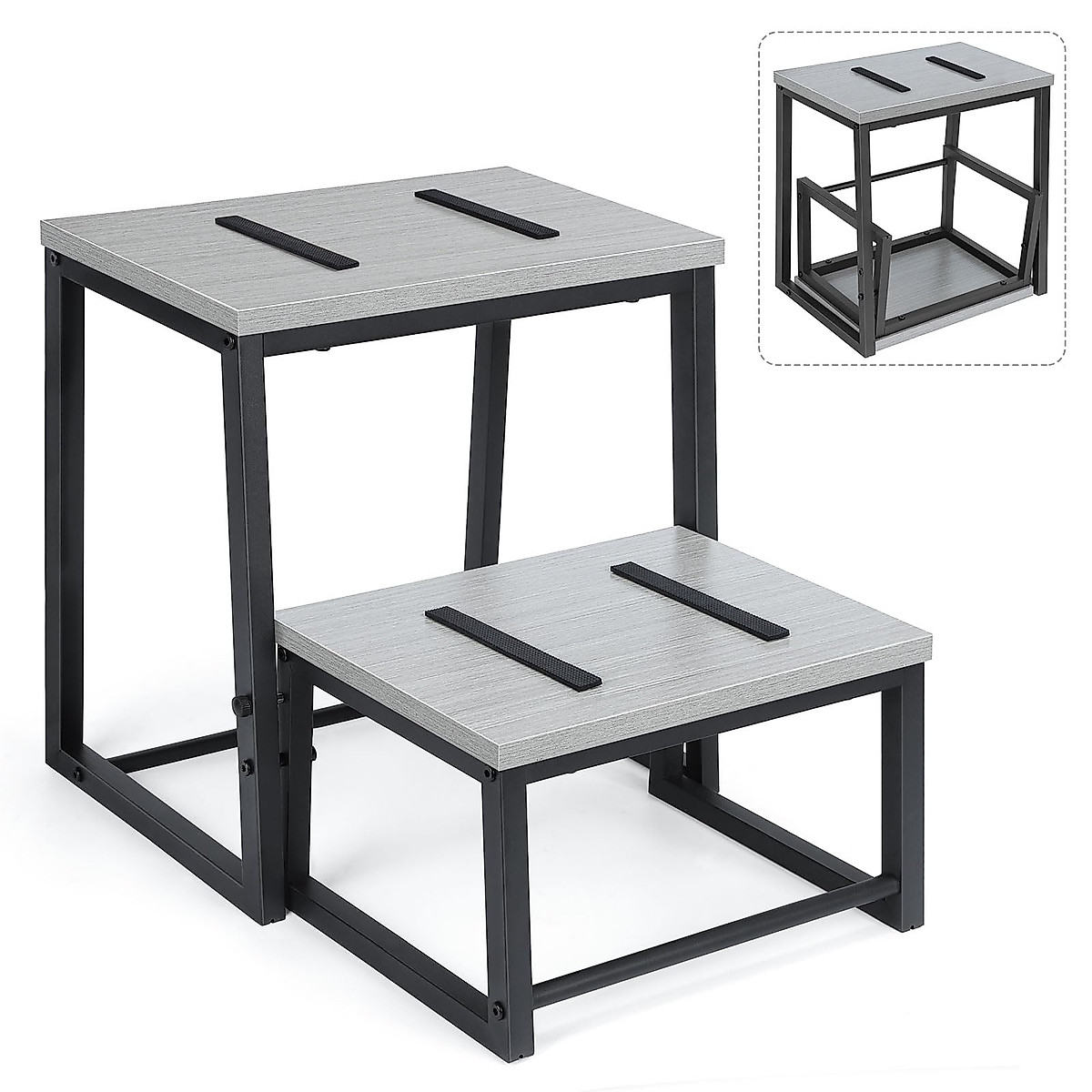 LIANTRAL Step Stool for Adults Kids, Sturdy Metal Frame Wooden Board Step Stool Helper, Supports Up to 350lb, Foot Stool, 2 in1 Step Stool for High Bed Kitchen Bathroom, Grey