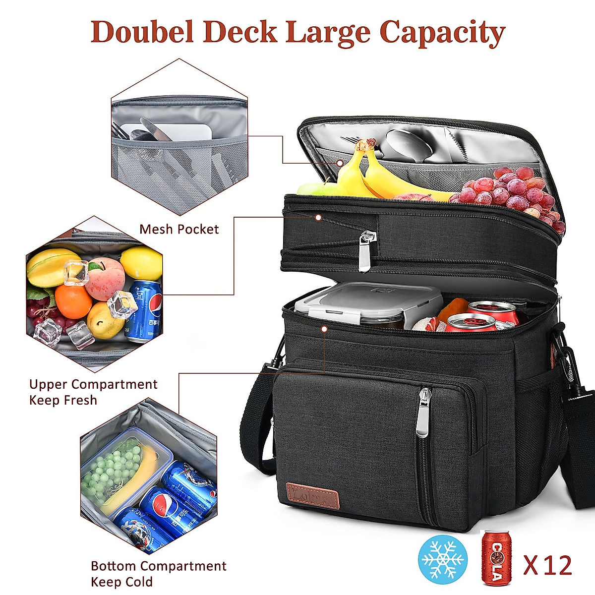 BAGNN Lunch Box & Lunch Bag for Men Women, Large Insulated Adult Lunch Box Leakproof Lunchbox Cooler Bag for Work Picnic Beach,16L, Black