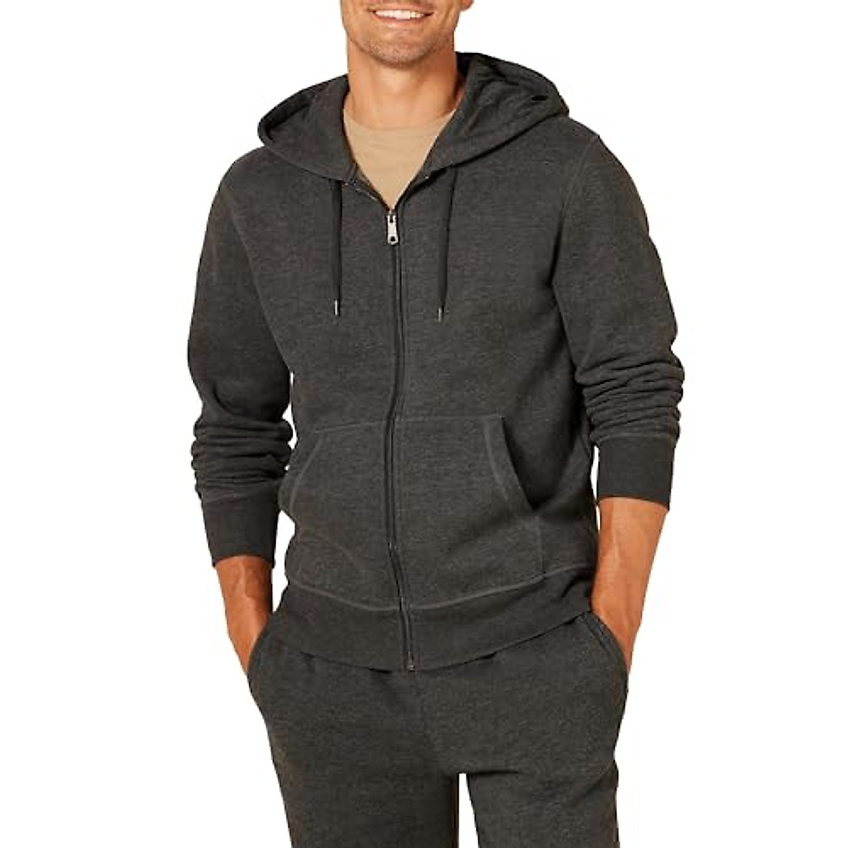 Amazon Essentials Men's Full-Zip Fleece Hoodie (Available in Big & Tall), Charcoal Heather, Large
