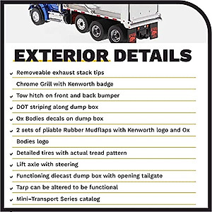 Diecast Masters KenworthT880S SFFA Dump Truck - Metallic Blue | Tandem with Pusher Axle & Interior Ox Bodies Stampede Dump Cab | 1:50 Scale Model Semi Trucks | Diecast Model 71078