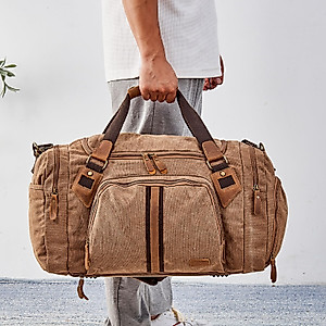 AGDHERSNVX Canvas Duffle Bag with Shoes Compartment Overnight Travel Duffel with Genuine Leather Parts Weekender Lightweight Waterproof Bags for Women Men Khaki