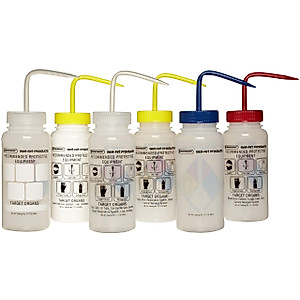 SP Bel-Art Safety-Labeled Assorted 4-Color Wide-Mouth Wash Bottles; 500ml (16oz), Polyethylene w/Polypropylene Cap, (Pack of 6) (F11716-0050)