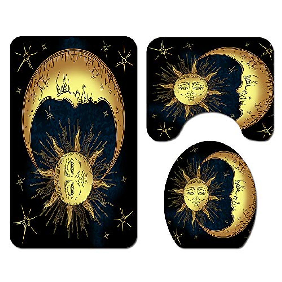 4PCS/Set Sun and Moon Print Pattern Shower Curtains Sets Polyester Waterproof Bathroom Shower Curtain Sets Non-Slip Bathroom Rugs Bath Mat Set Toilet Lid Cover+12 Hooks, Boho