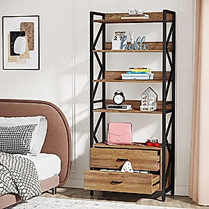 Tribesigns Bookshelf with Drawers, 70.8" Industrial Bookcase with 2 Drawers, 5 Shelf Open Shelf for Storage, Wood Book Shelf for Living Room, Bedroom, Home, Office